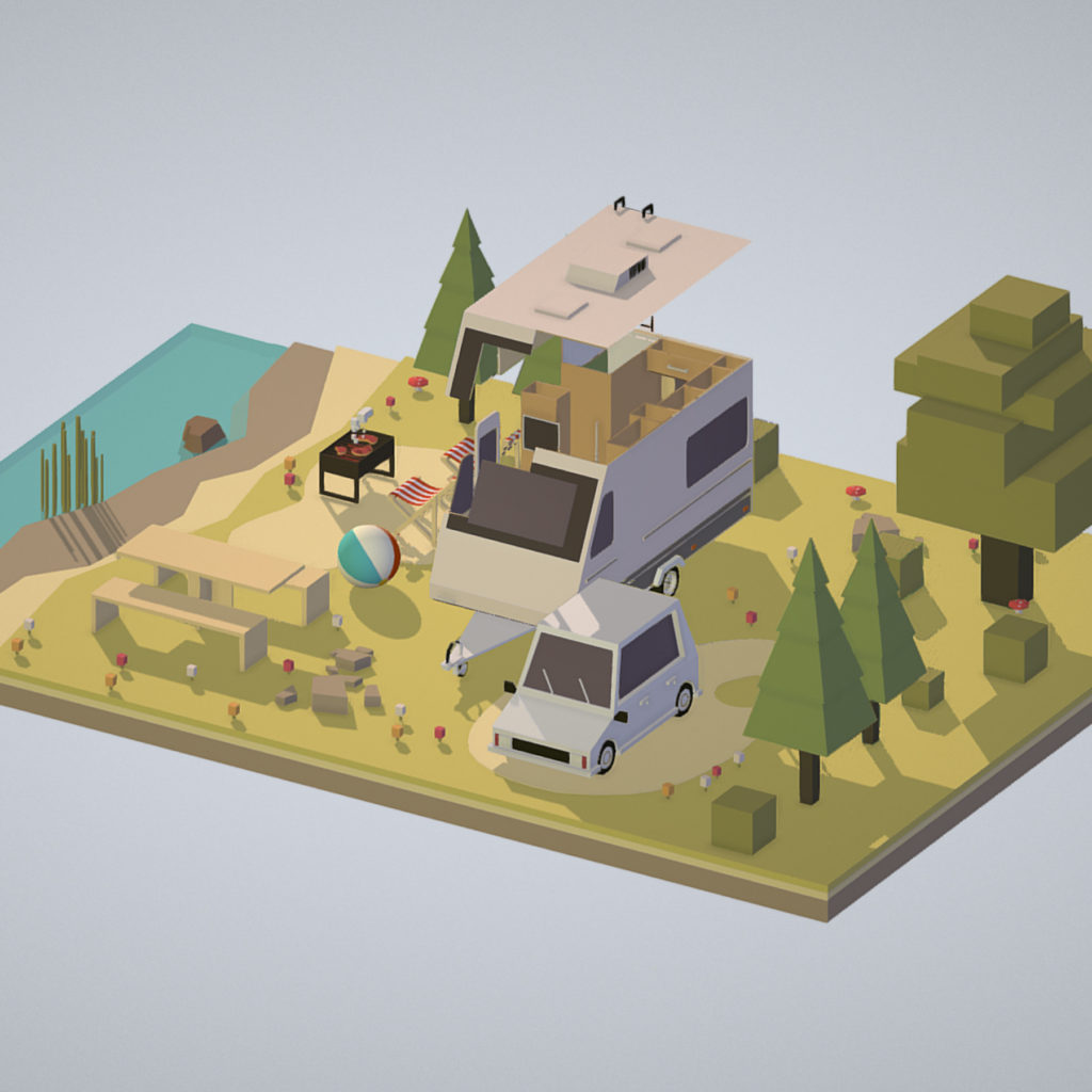 camping van car with barbecue on nature 3D Model - FlatPyramid