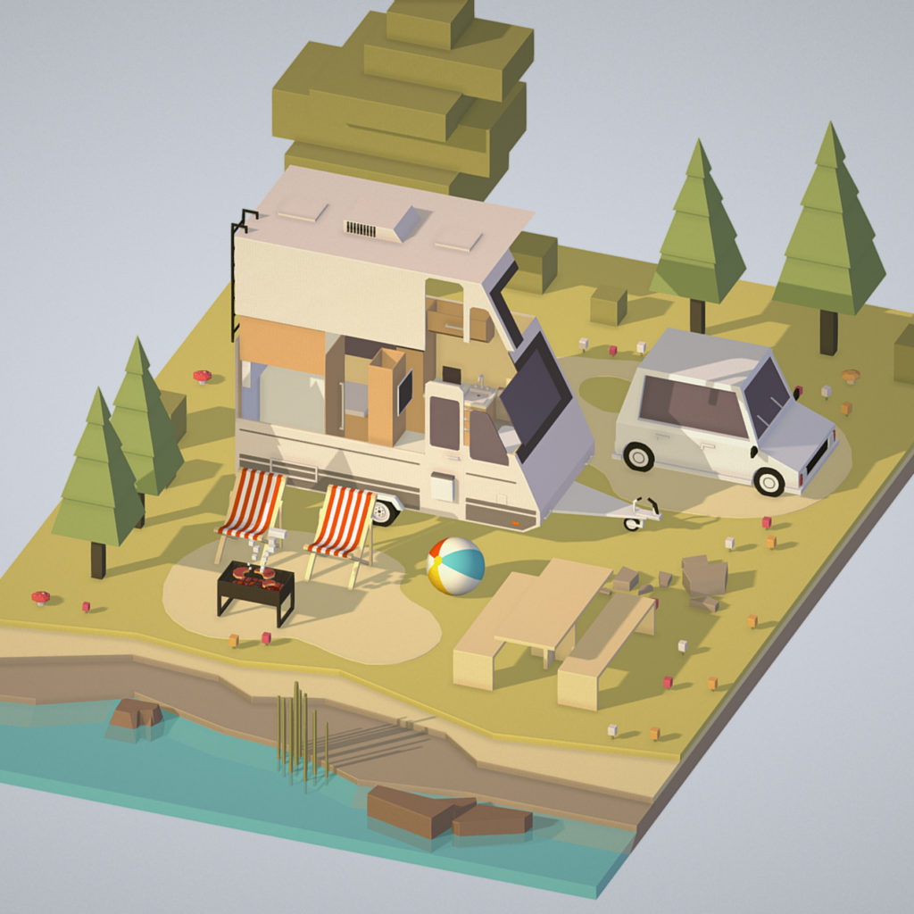 camping van car with barbecue on nature 3D Model - FlatPyramid